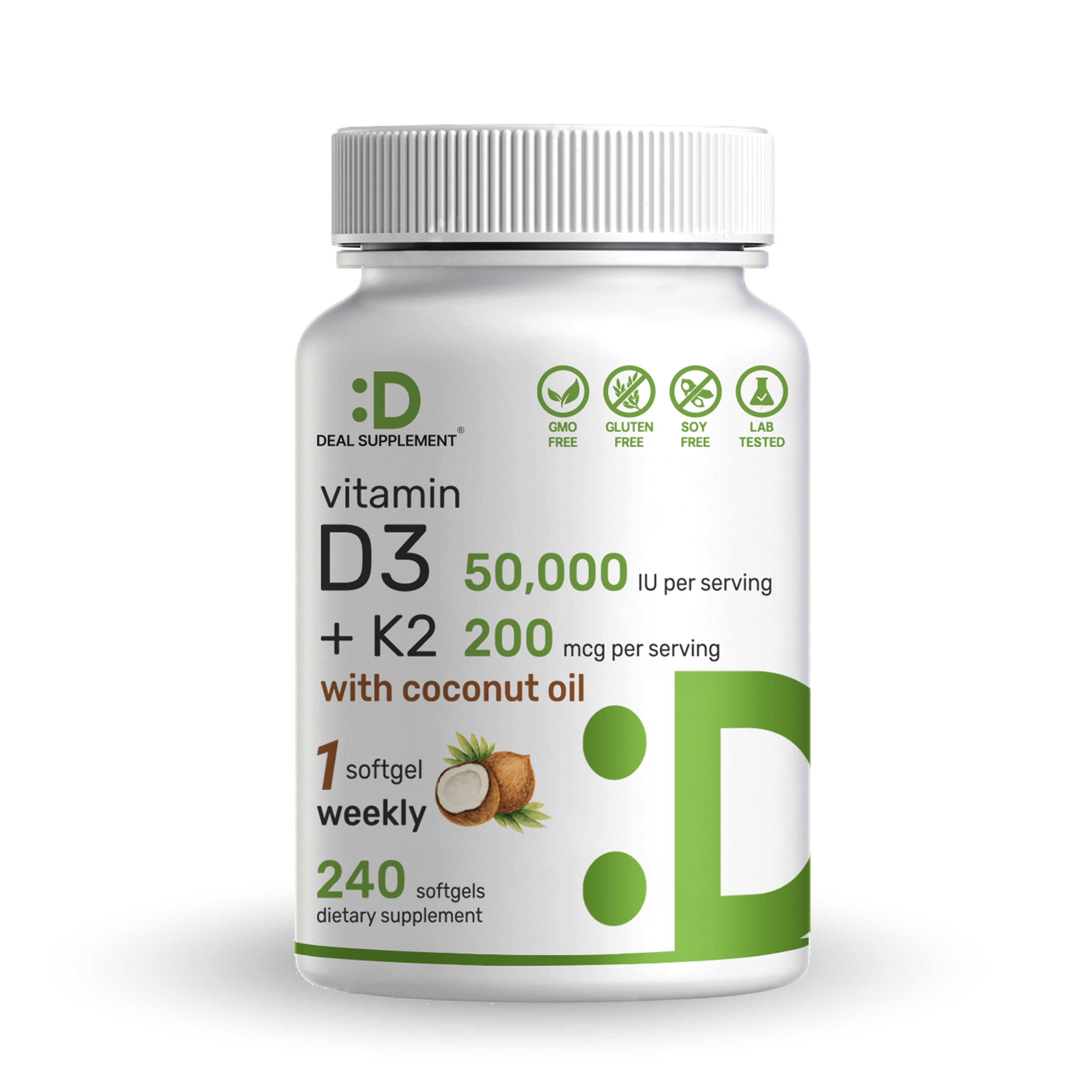Vitamin D3 50,000 IU + K2 MK7 200 mcg, 240 Softgels – Deal Supplement