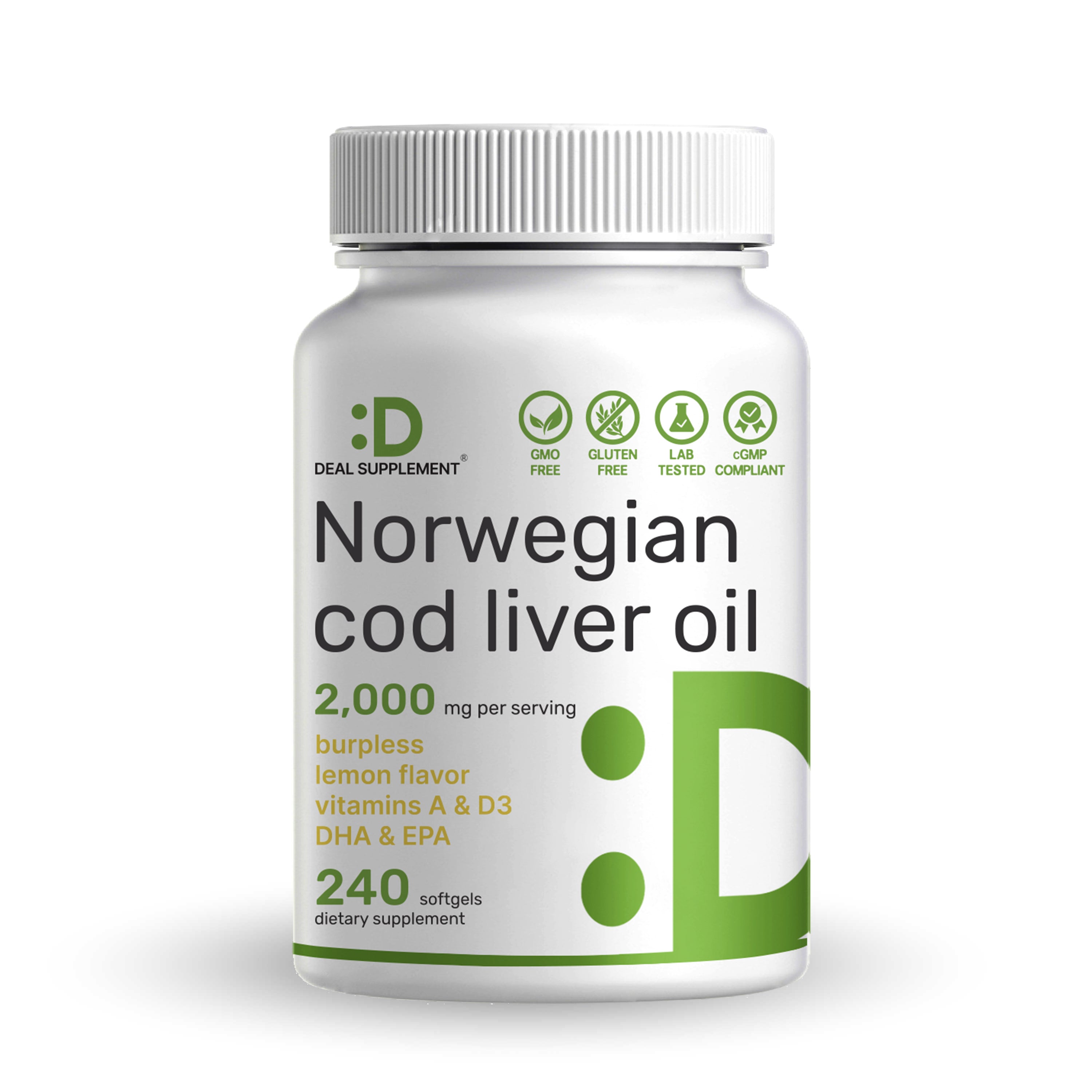 Cod Liver Oil 2,000mg Per Serving, 240 Softgels – Extra Strength EPA D ...