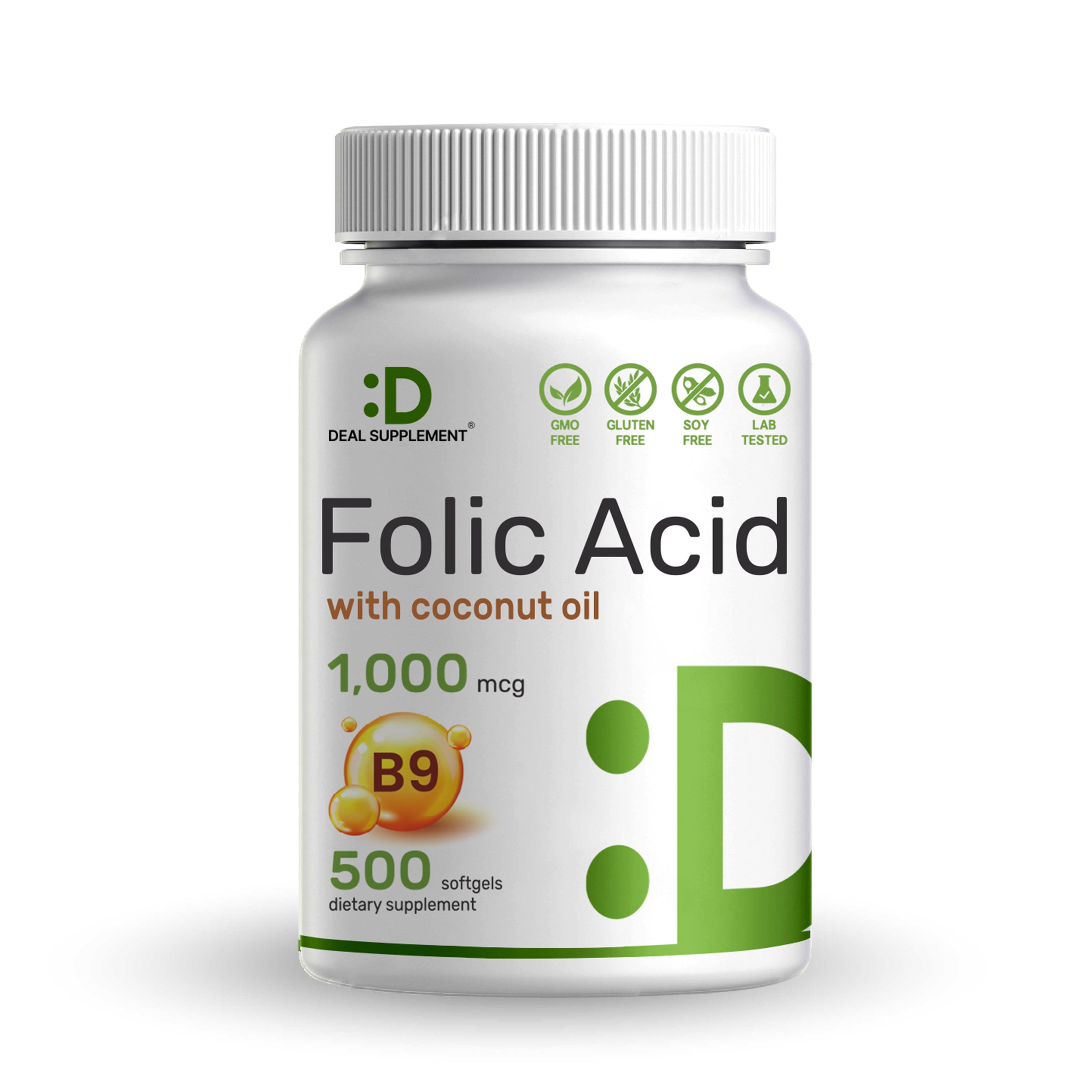 Folic Acid 1000 mcg (1 mg), 500 Coconut Oil Softgels – Deal Supplement